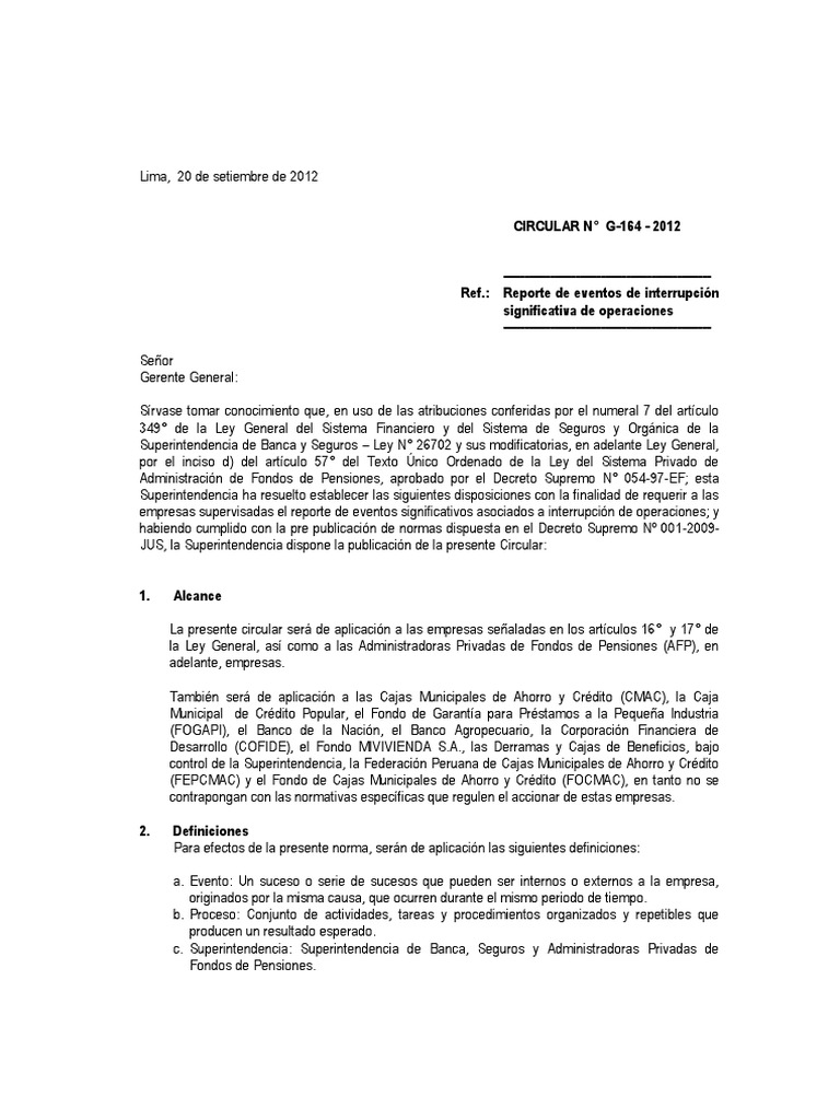 SBS Circular G-164-2012 - Reporte de Eventos de Interrupción Significativa de Operaciones | PDF ...