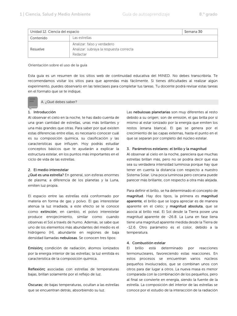 Guia Aprendizaje Estudiante 8vo Grado Ciencia s30 BN | PDF | Estrellas ...