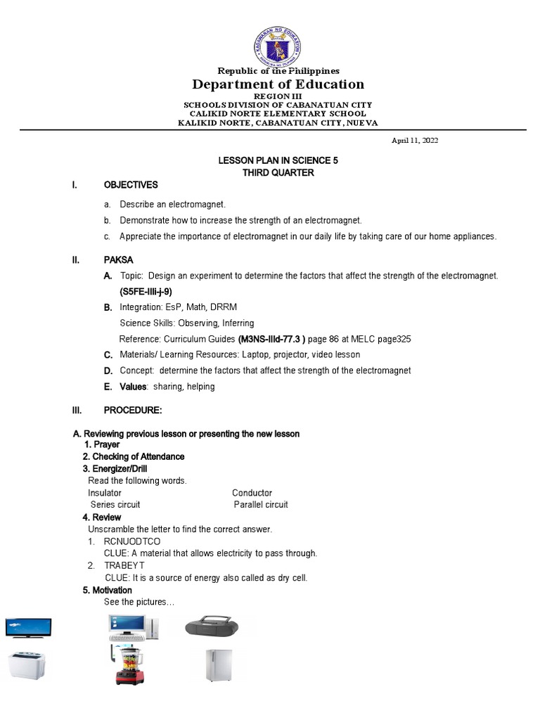 Dlp-For-observation Science 5 Week 6 q3 | PDF | Magnet | Inductor