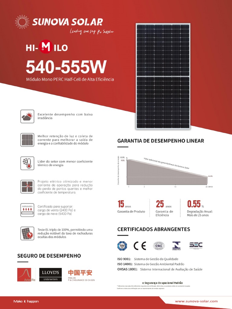 Catalogo Portugues Modulo Fotovoltaico Sunova 550WP Monocristalino ...
