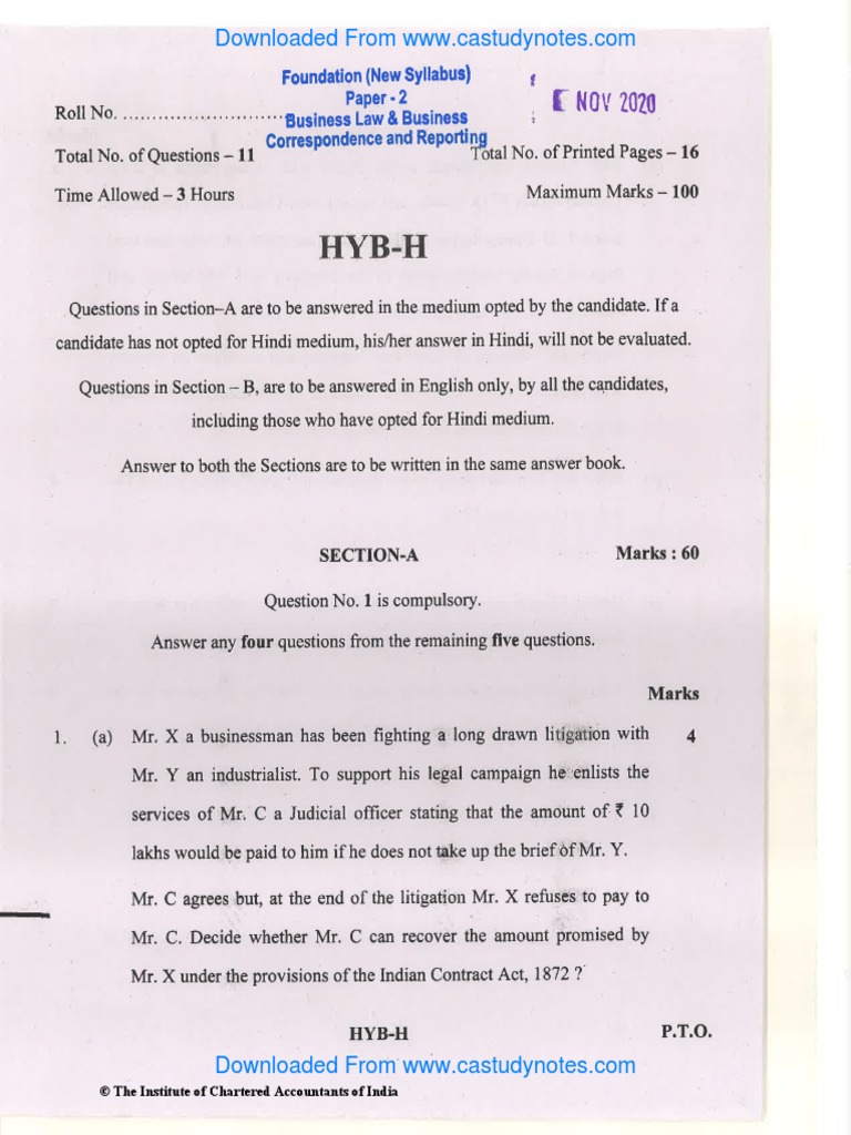 CA Foundation Law QP Nov20 | PDF | Accounting