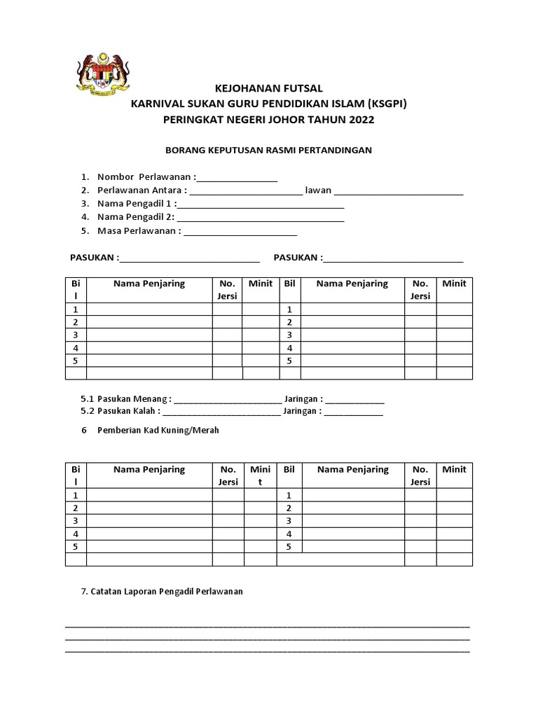 Borang Perlawanan Futsal | PDF