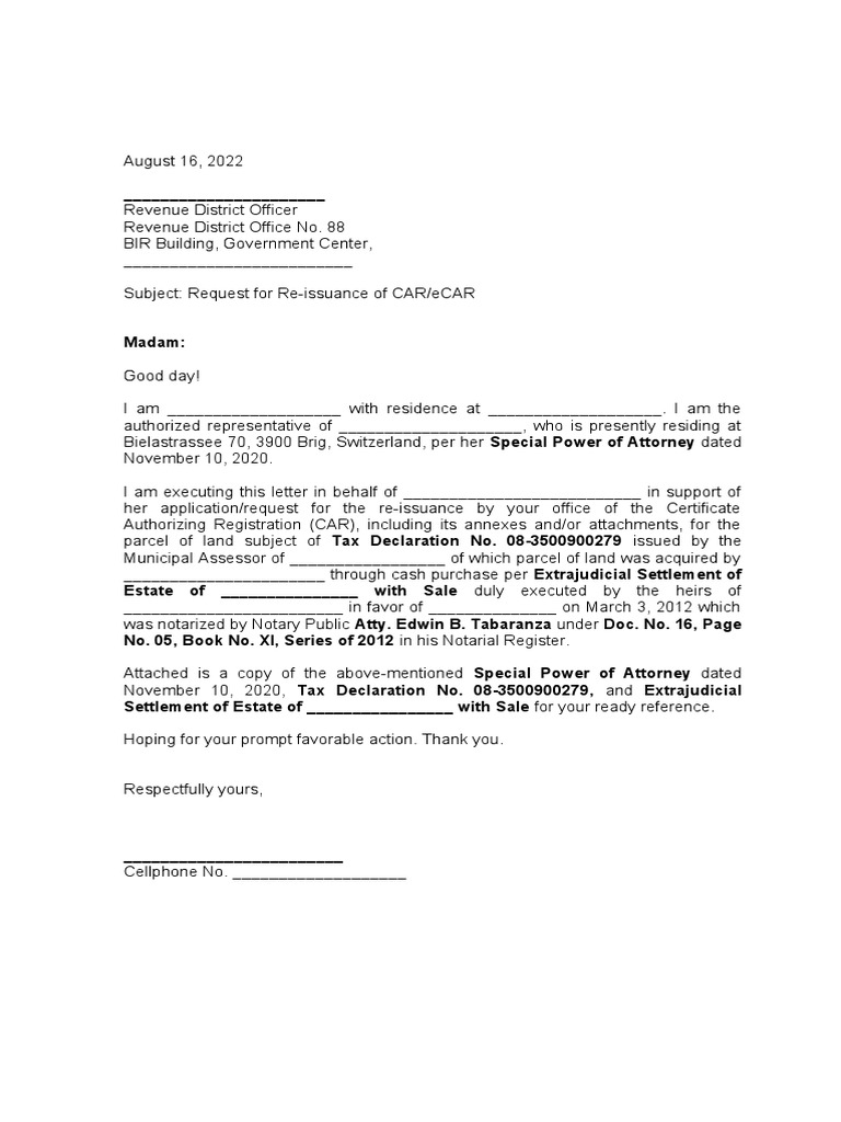 Request CAR Re-Issuance BIR | PDF