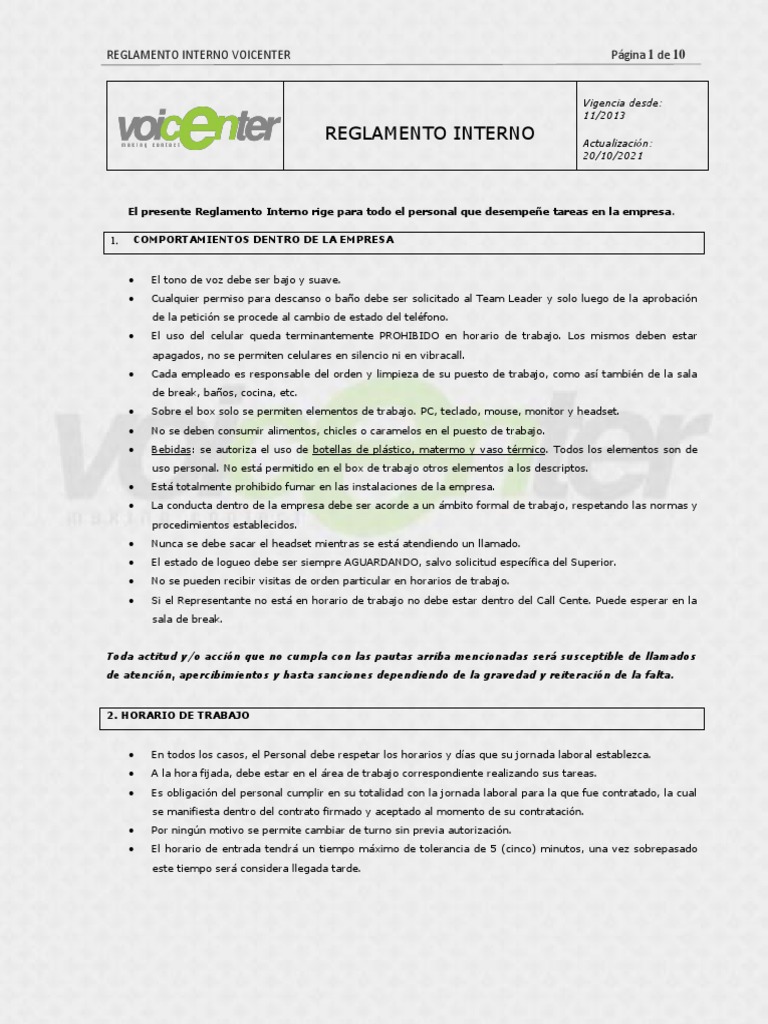 Reglamento Interno | PDF | Gestión de recursos humanos | Tiempo de trabajo