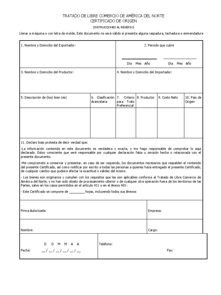 Certificado de Origen | PDF | Tratado de Libre Comercio Norteamericano