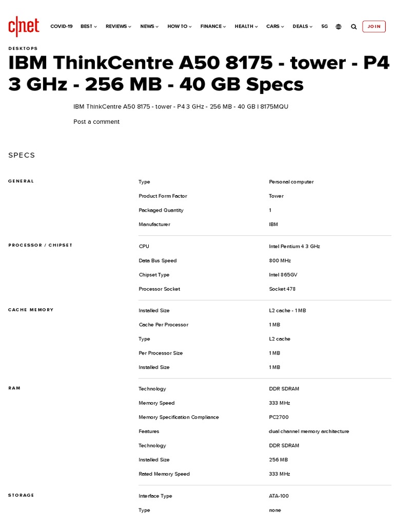 IBM ThinkCentre A50 8175 - Tower - P4 3 GHZ - 256 MB - 40 GB Specs ...