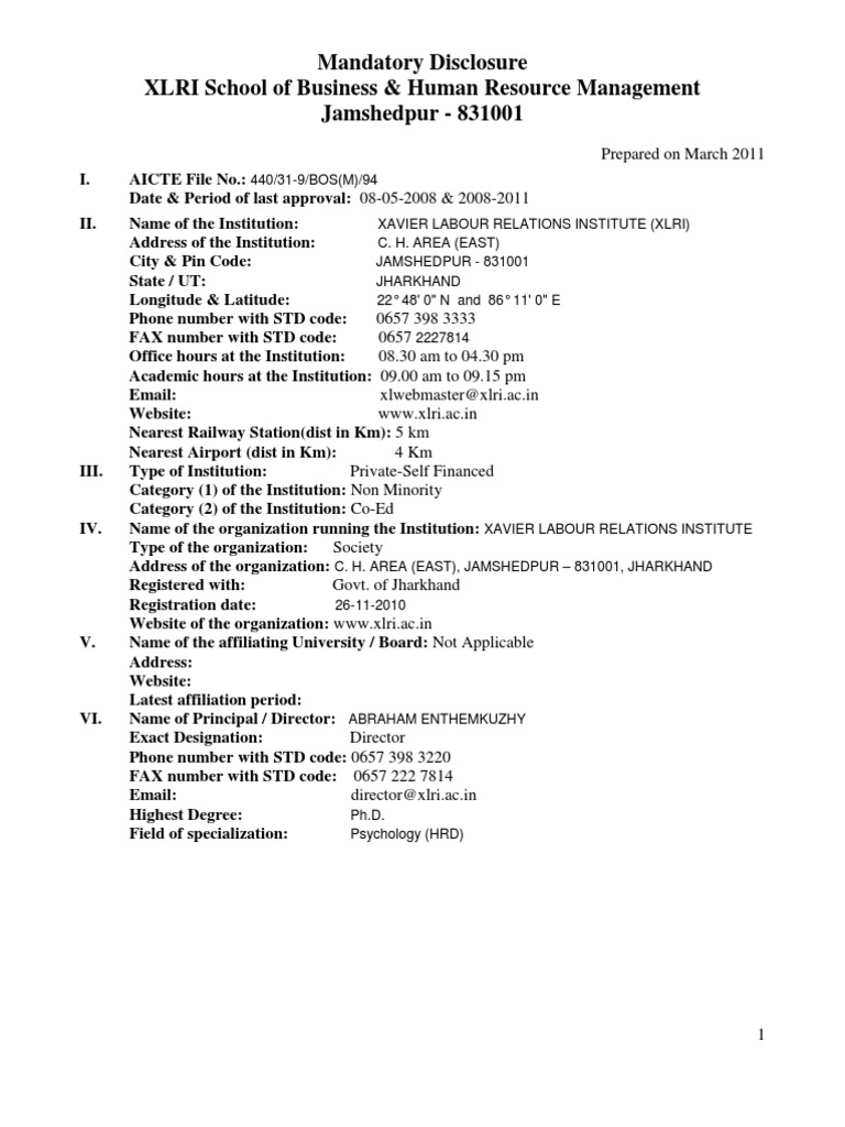 XLRIMandatory Disclosure | PDF | Doctor Of Philosophy | Human Resource ...