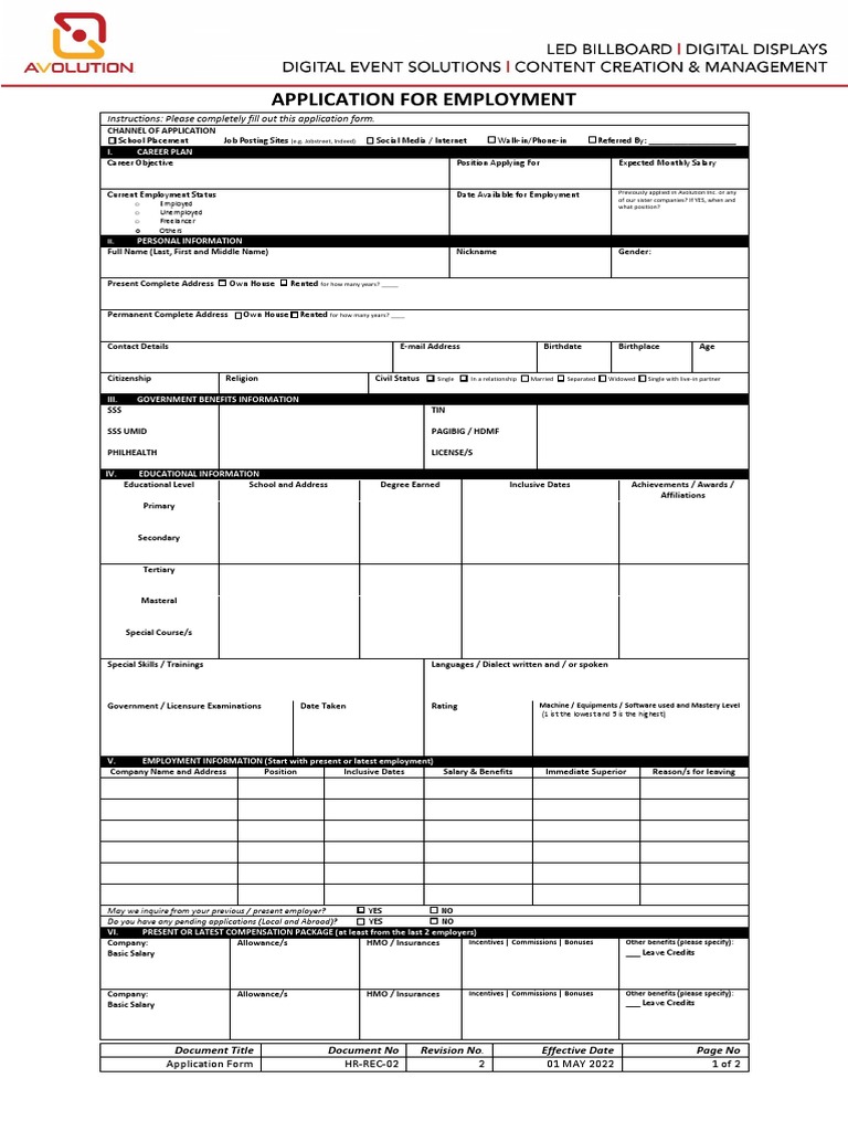 HR-REC-02 Application Form Rev - 2 | Download Free PDF | Employment ...
