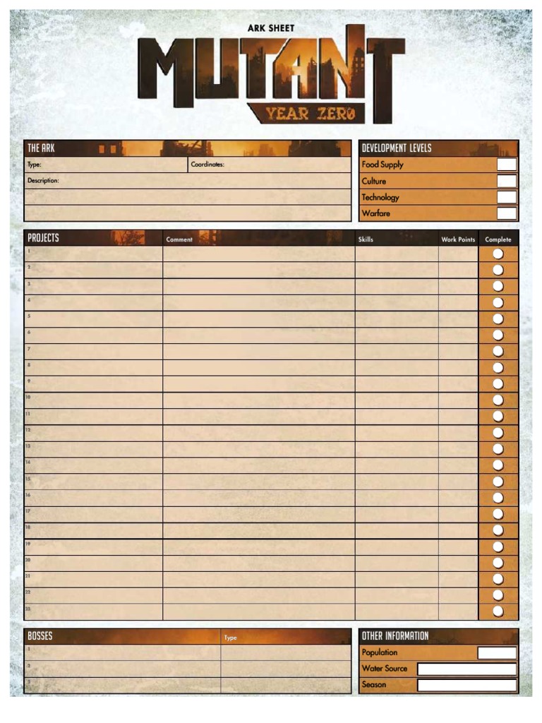 Mutant, Year Zero - Ark Sheet | PDF