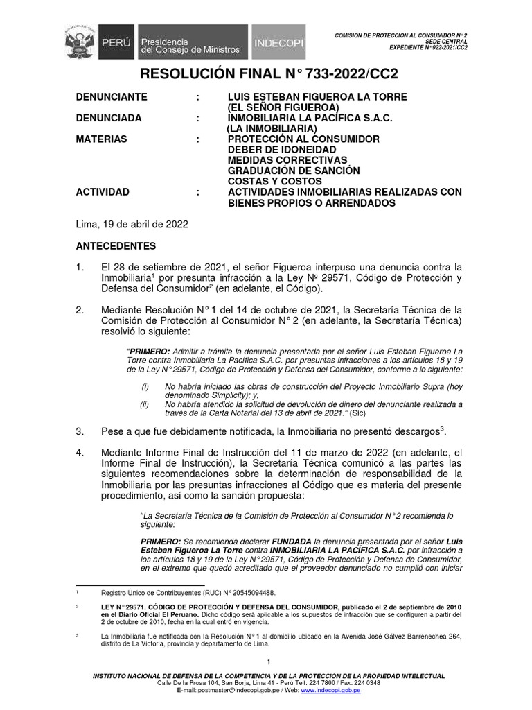 Resolución Final #733-2022/CC2 | PDF | Multa (pena) | Protección al Consumidor