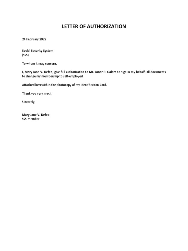 SSS Authorization Letter Sample | PDF | Finance & Money Management