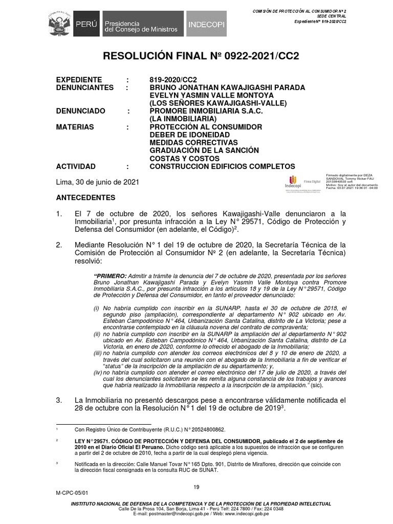 Resolución Final #0922-2021/CC2 | PDF | Multa (pena) | Protección al Consumidor