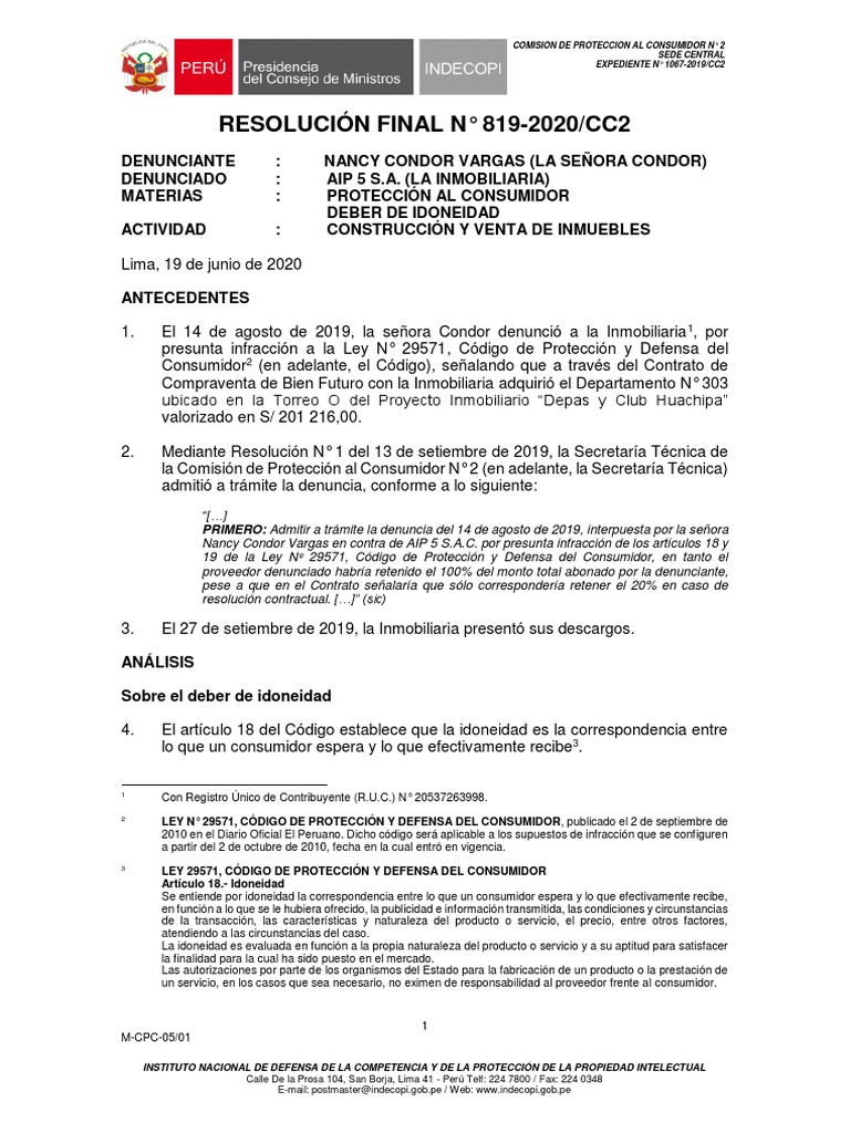 Resolución Final #819-2020/CC2 | PDF | Protección al Consumidor | Los consumidores