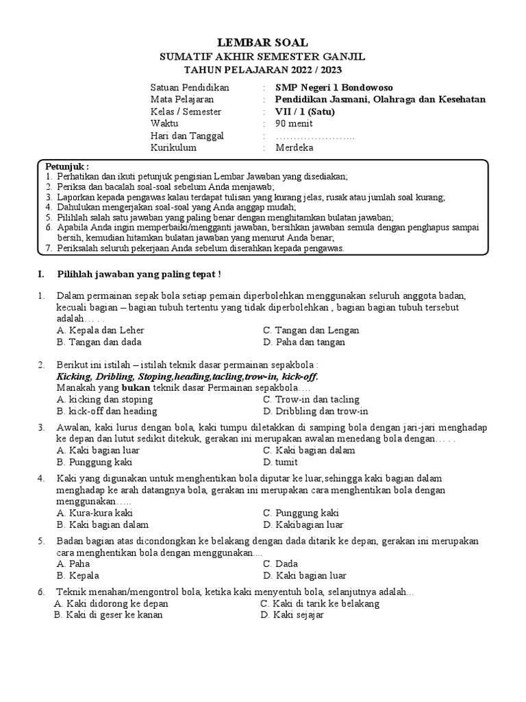Soal SAS PJOK Kelas 7 Kumer | PDF