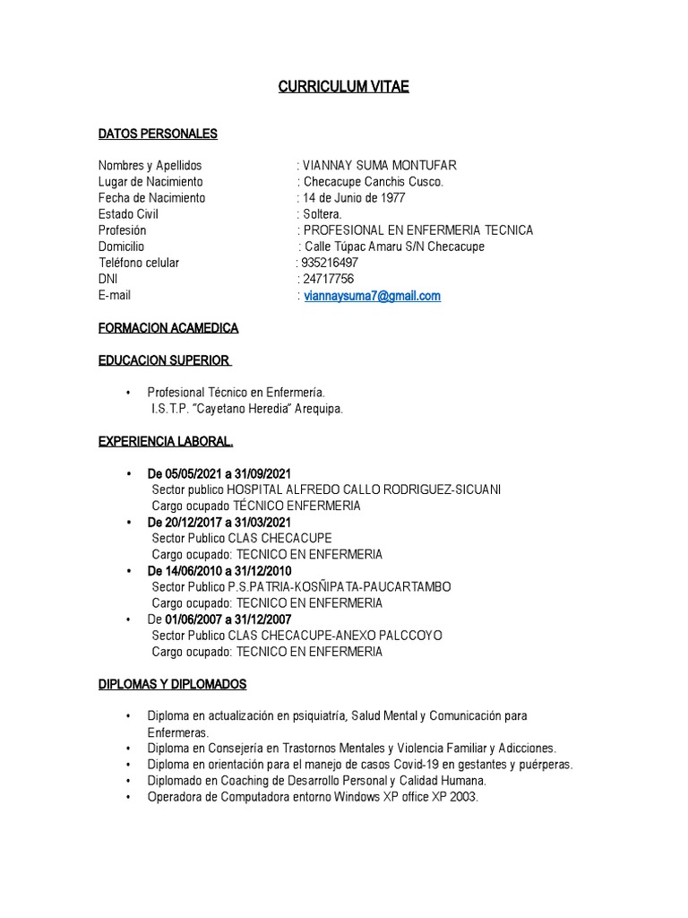 Curriculum Vitae Actual 2022 | PDF | Enfermería | Medicina