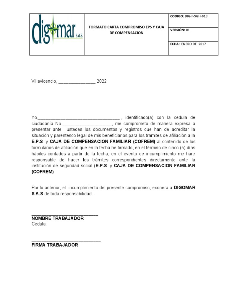 Formato Carta Compromiso Eps y Cofrem | PDF