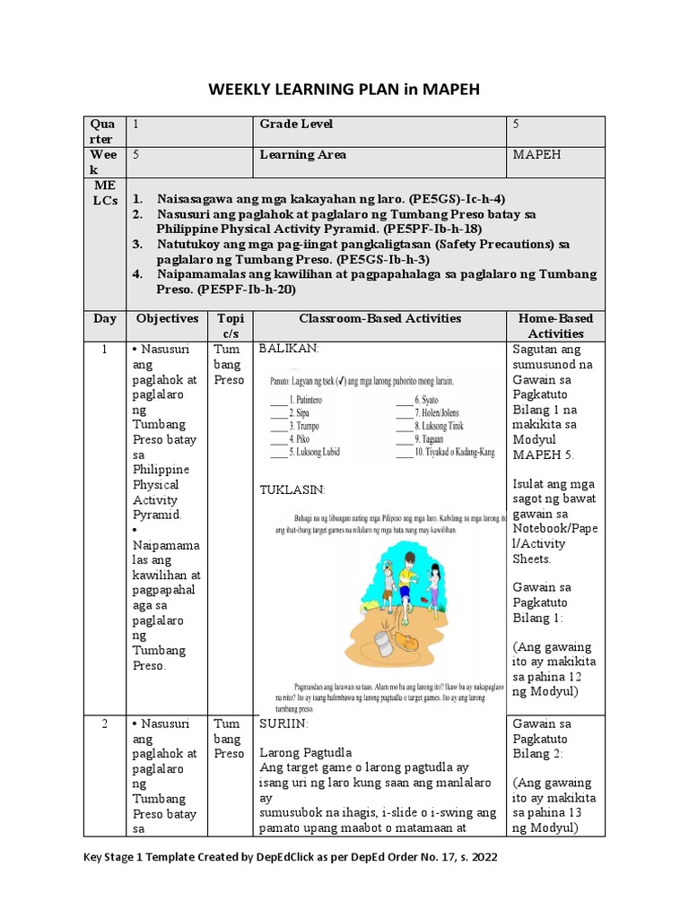 Weekly Learning Plan in Mapeh (Week 5) P.E | PDF