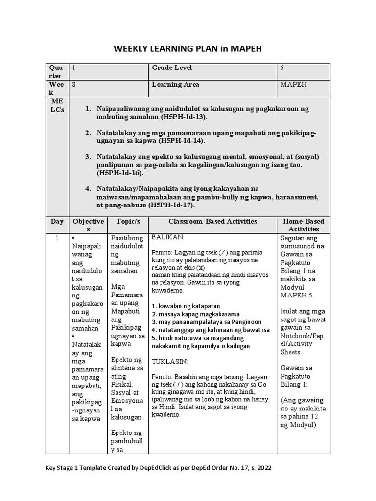 Weekly Learning Plan in Mapeh (Week 8) Health | PDF
