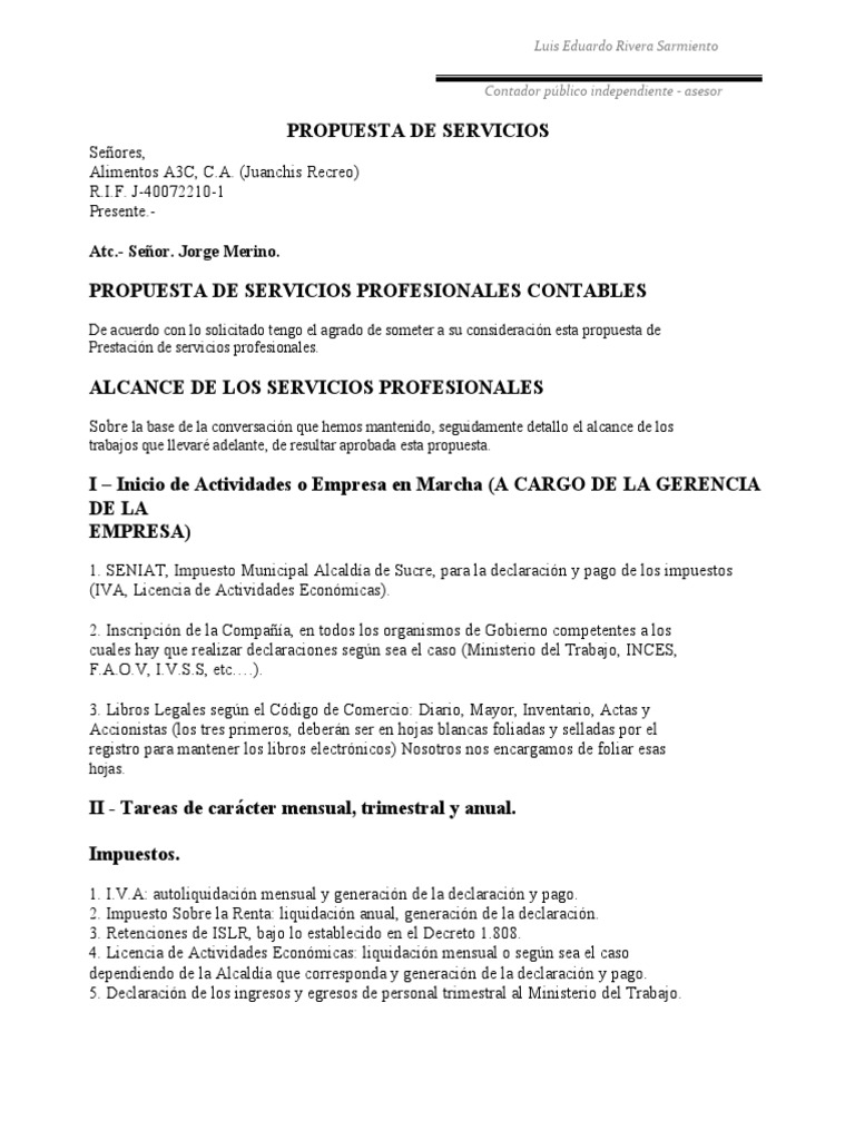 Propuesta de Servicio Restaurant Alimentos A3C, C.A. (Juanchis Recreo) | PDF | Contabilidad ...