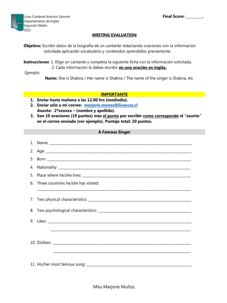 Writing Evaluation (2°) | PDF | Ciencias sociales | Artes del Lenguaje ...
