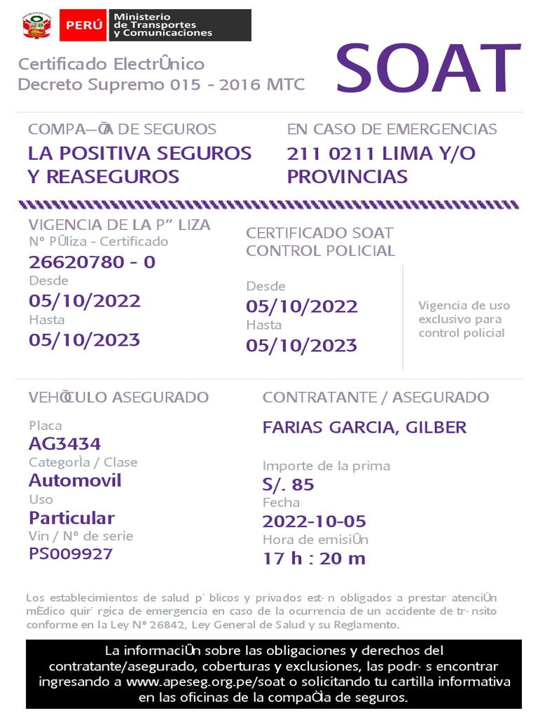 La Positiva Seguros Y Reaseguros 211 0211 LIMA Y/O Provincias | PDF