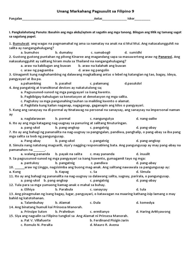 1st Quarter-Exam N FILIPINO9 | PDF