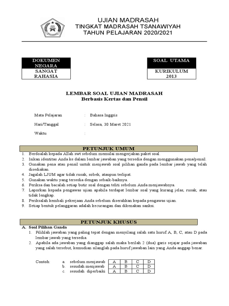 Soal Ujian Madrasah Bahasa Inggris 2021 | PDF Soal Ujian Madrasah Bahasa Inggris 2021 | PDF