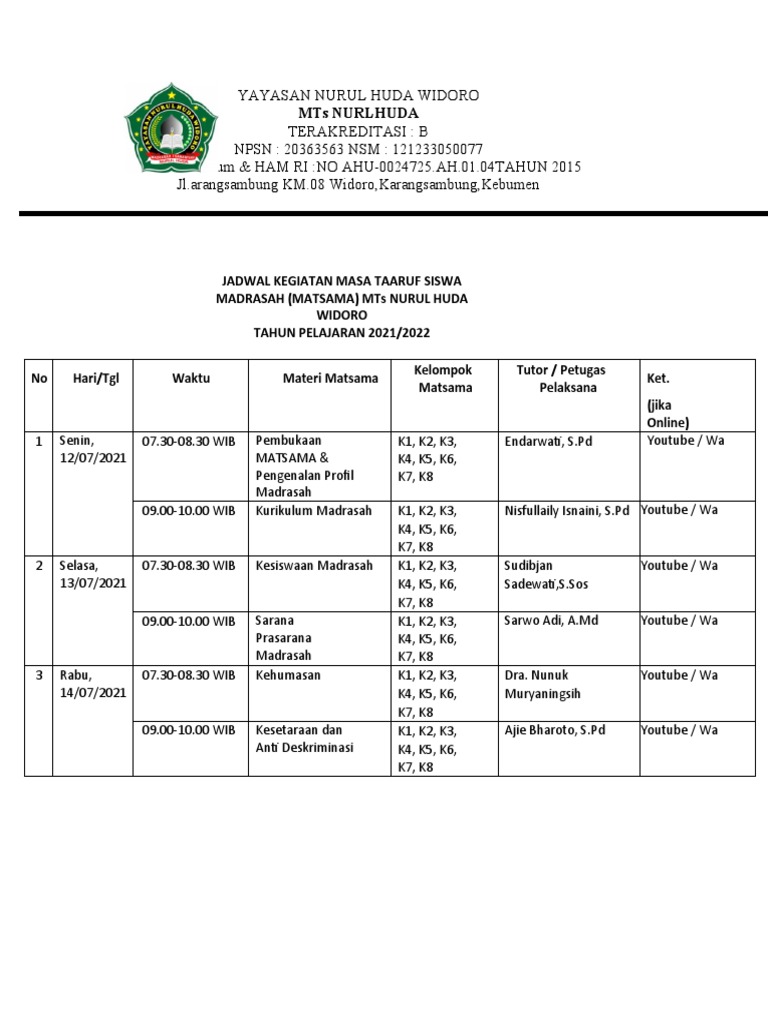 Jadwal Matsama Mts Nurul Huda 2021-2022 | PDF