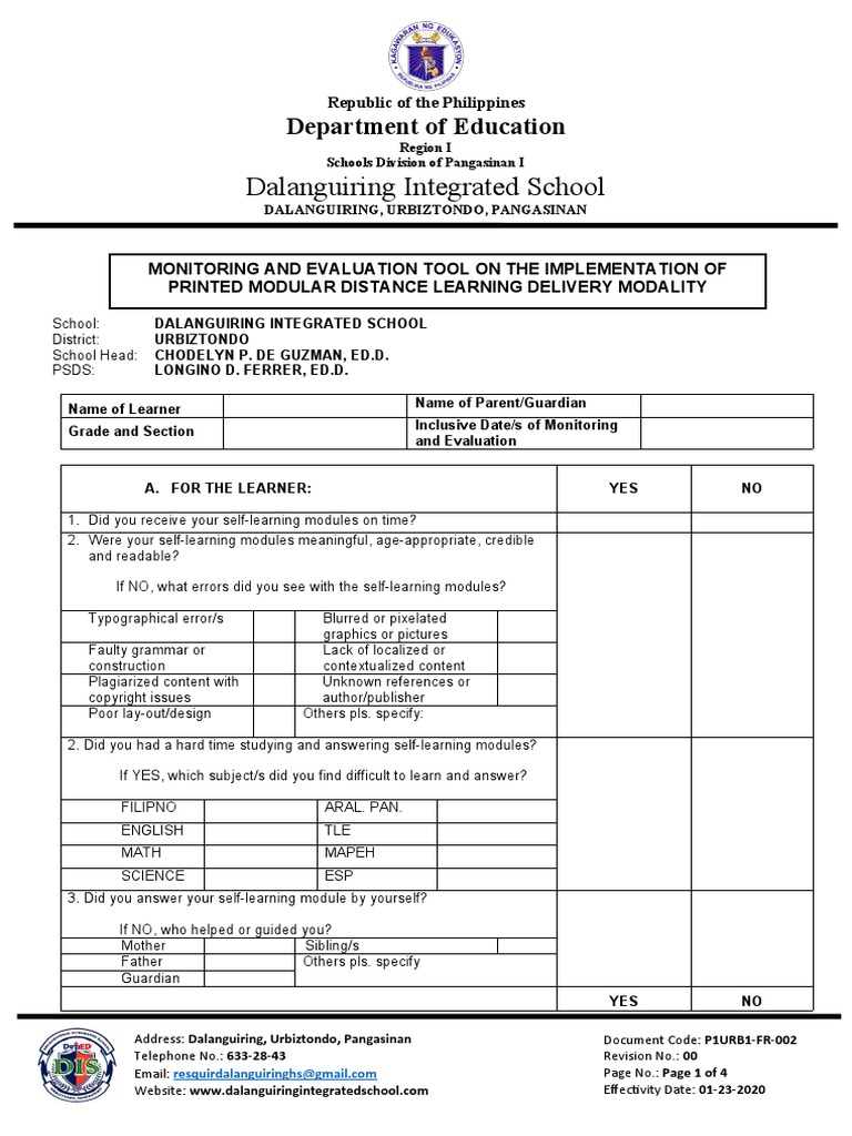 Monitoring And Evaluation Tool On The Implementation Of Printed Modular