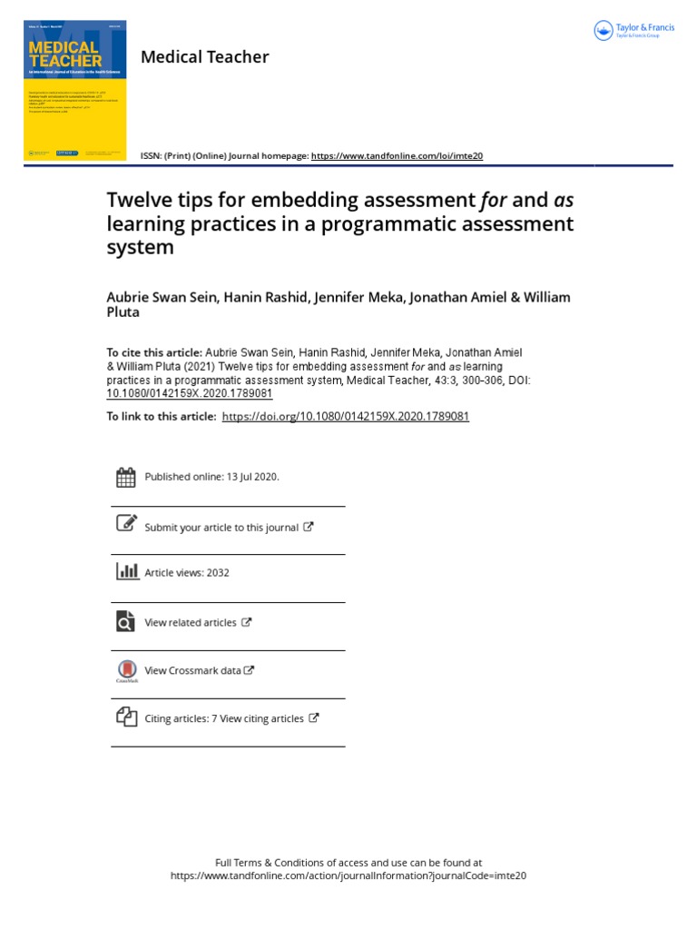 Twelve Tips For Embedding Assessment For and As Learning Practices in A Programmatic Assessment ...
