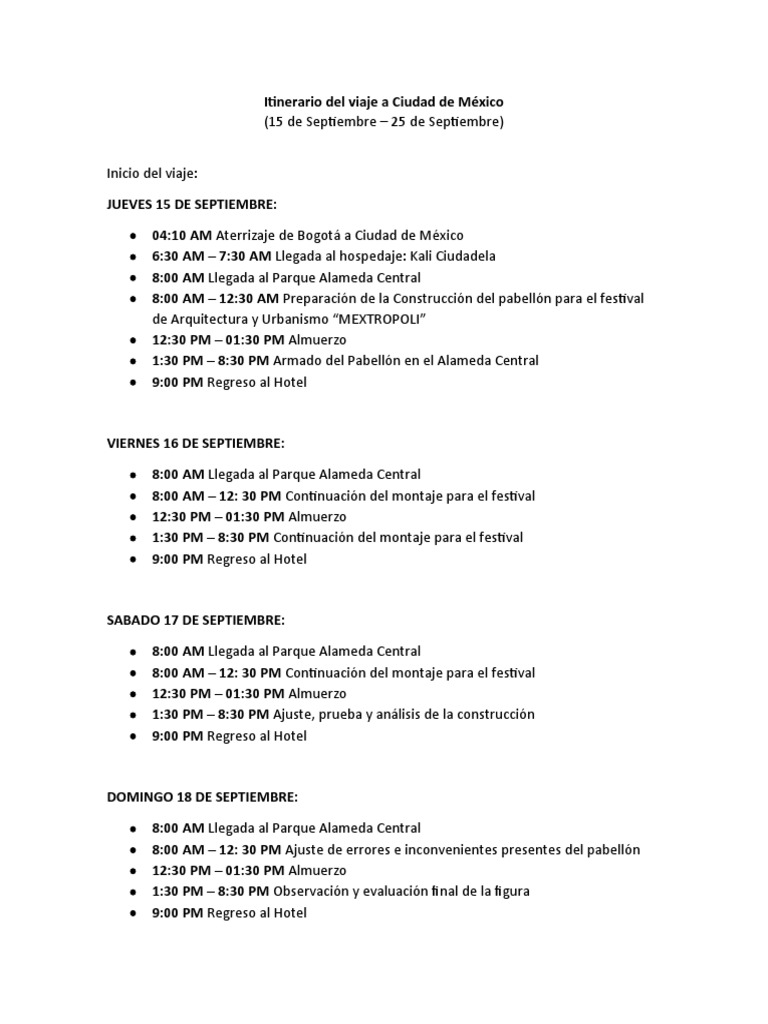 Itinerario Del Viaje A Ciudad de México | PDF