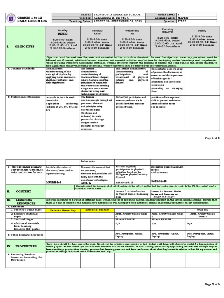 DLL Mapeh - Q1 - Template | PDF | Learning | Teaching Method