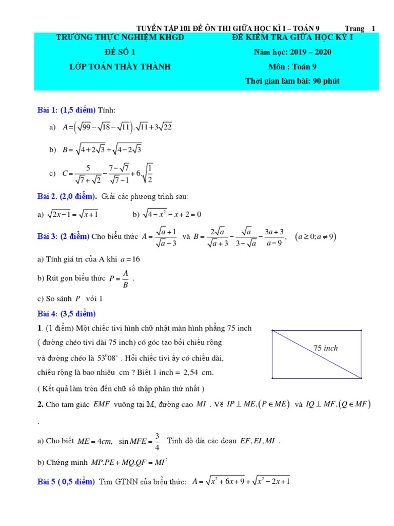 Tuyen Tap de Thi Giua Ki 1 Mon Toan 9 | PDF