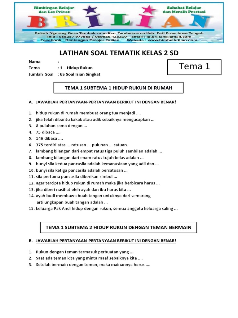 Soal Isian Singkat Kelas 2 SD Tema 1 Hidup Rukun | PDF