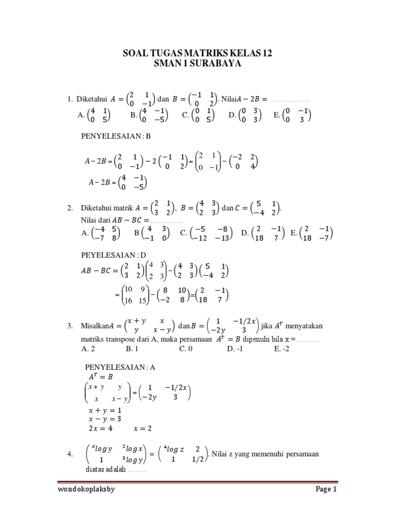 Soal Tugas Matriks Kelas 11 (Pembahasan) | PDF
