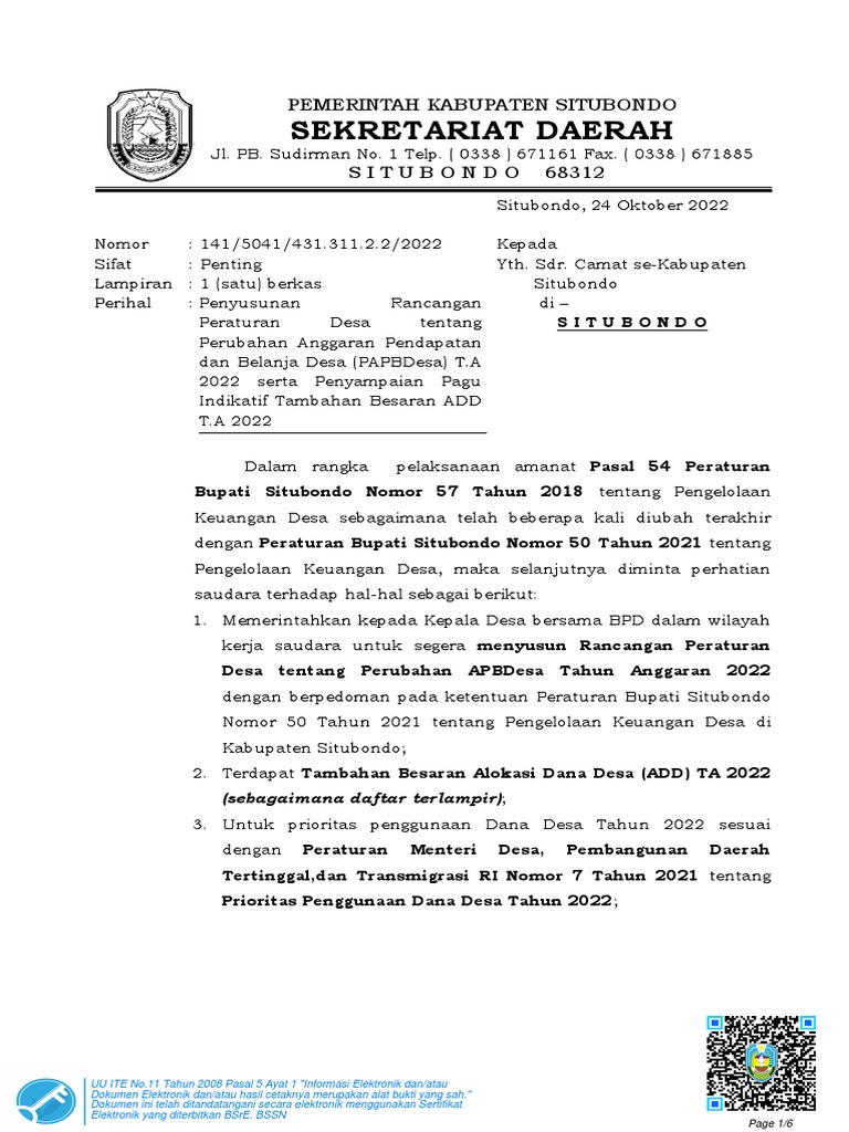 Surat Perubahan APBDes 2022 | PDF