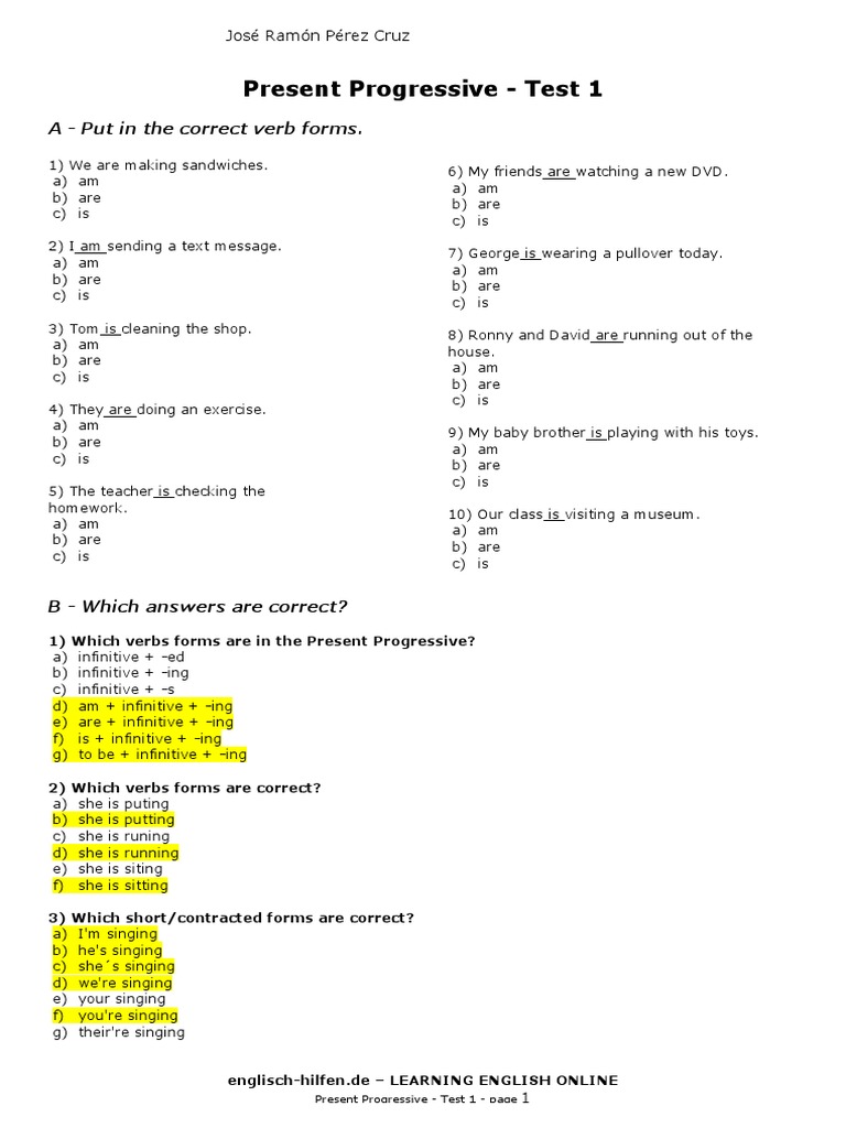 Test - Present - Progressive - en 2 | PDF | Language Arts & Discipline