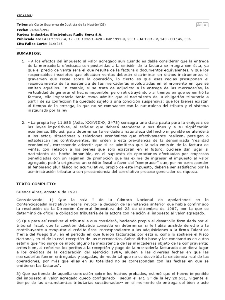 Fallo CSJN - Industrias Electronicas Radio Serra S.A. | PDF | Impuestos ...