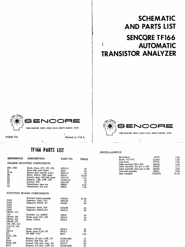 Sencore TF166 Parts List & Schematic | PDF