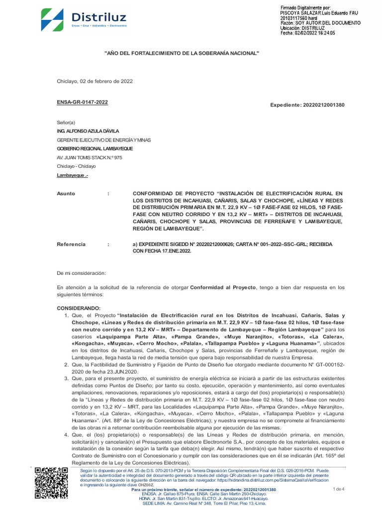 Carta Ensa-Gr-0147-2022 | PDF | Ingenieria Eléctrica | Red eléctrica