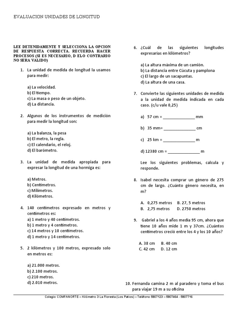 5° Evaluacion Unidades de Longitud | PDF | Metro | Cantidad