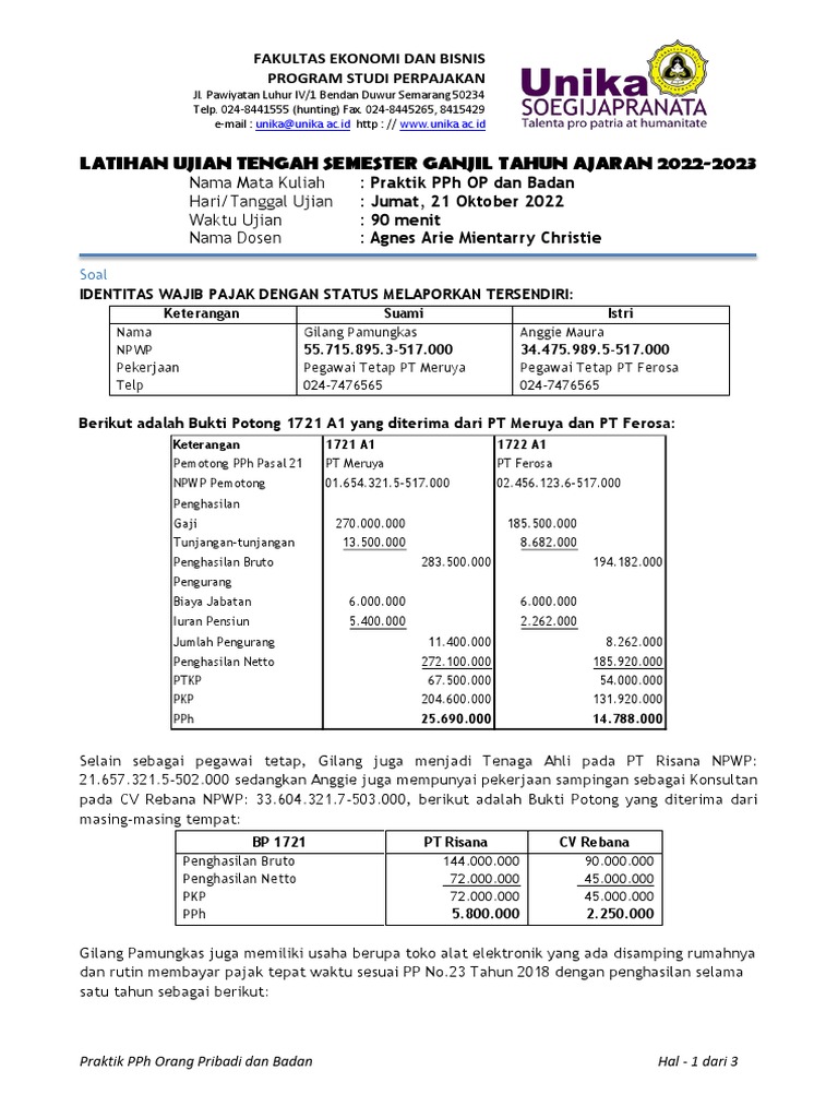 Latihan UTS Praktik PPH OP Dan Badan Okt 22 | PDF