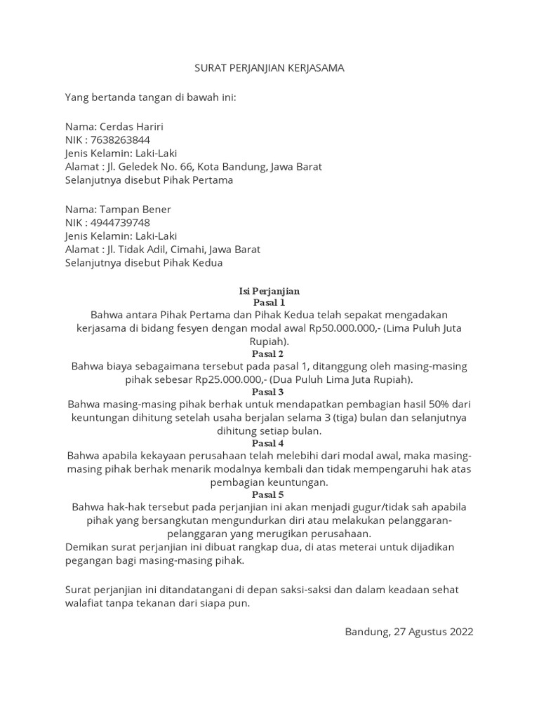 Surat Perjanjian Kerjasama Pdf