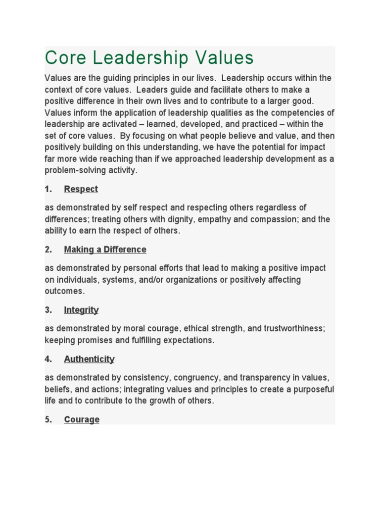 Core Leadership Values | PDF | Leadership | Goal Core Leadership Values | PDF | Leadership | Goal