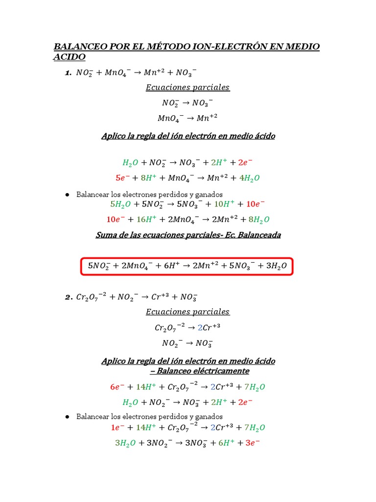 Balanceo de Reacciones Por El Método Ion Electron | PDF | Química ...