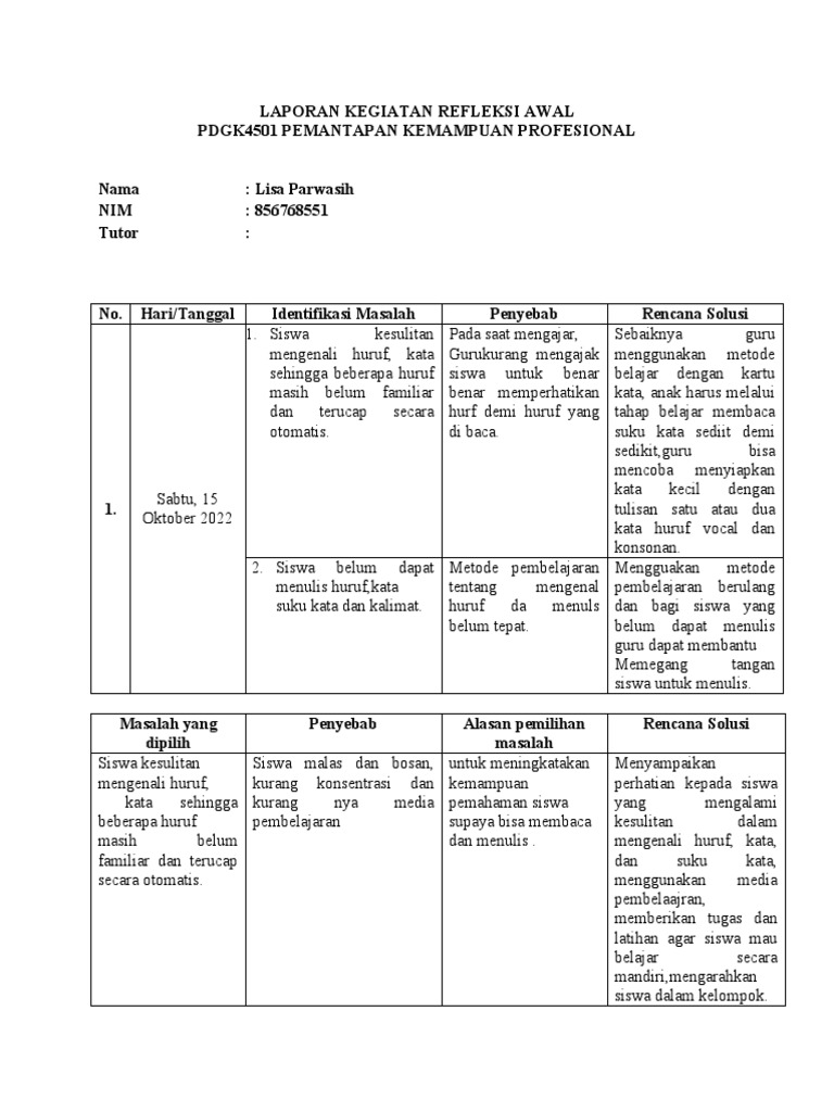 Laporan Kegiatan Refleksi Awal Pada PKP-1 | PDF