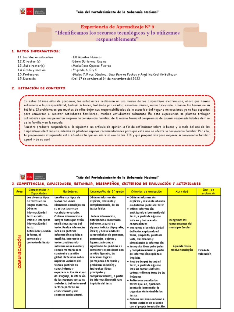 Planificador Experiencia 9 | PDF | Números | Aprendizaje
