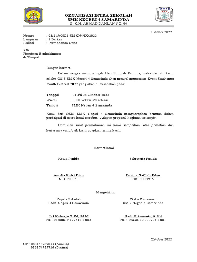Surat Permohonan Dana Sponsor Smakenpa Youth Festival 2022 | PDF