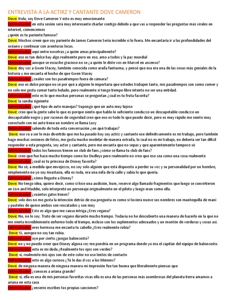 Entrevista A La Actirz y Cantante Dove Cameron | PDF