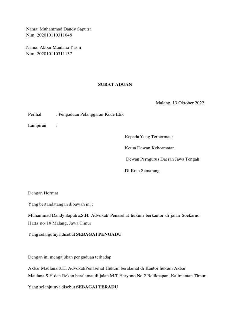 Contoh Surat Aduan Dan Jawaban Teradu | PDF